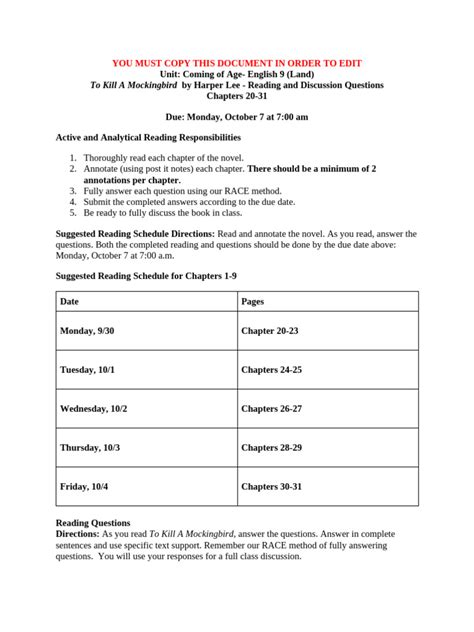 Tkam Reading And Discussion Questions Chapters 20 31 Pdf To Kill