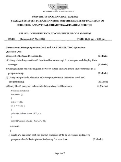 Spi 2101 Introduction To Computer Programming Year I Ii Semester I Pdf Computer Program