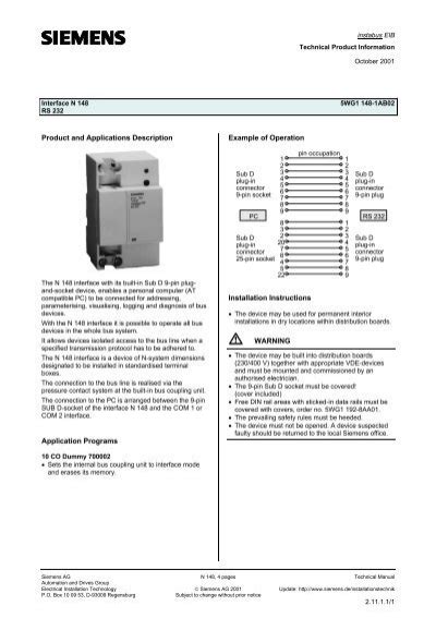 Siemens Rs232 Interface N 14802 Data Sheet Siemens Knx