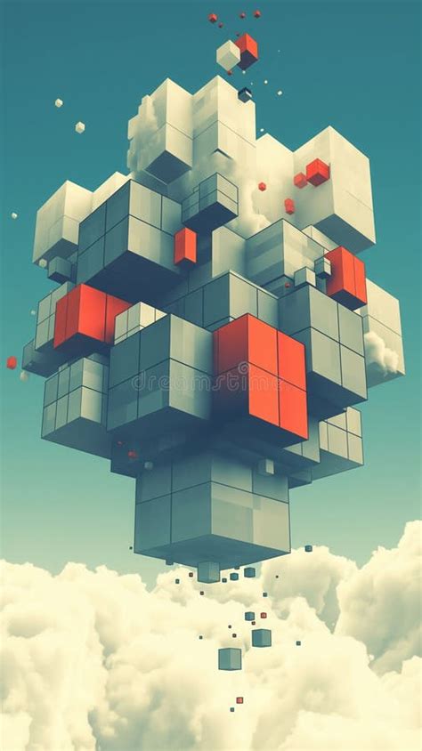 Surreal 3d Illustration Of Floating Cubes In The Sky With Clouds And A Teal Background Stock