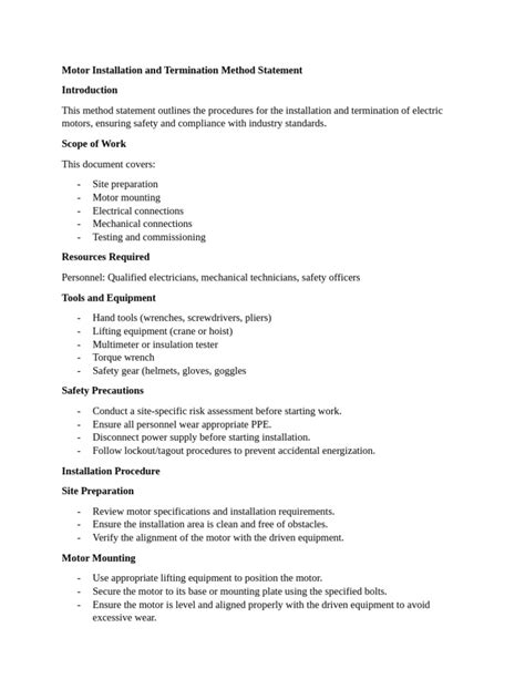 Motor Installation And Termination Method Statement Pdf Electric