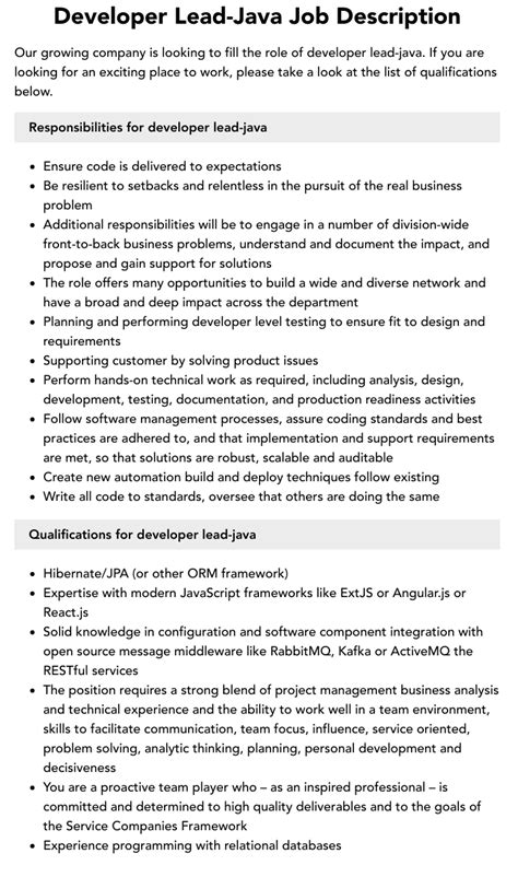Developer Lead Java Job Description Velvet Jobs