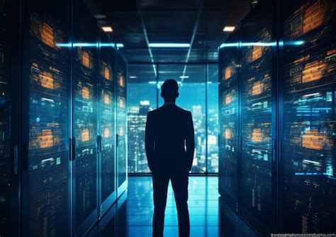 Engineer It Silhouette In Big Database Server Center In Office Ultra