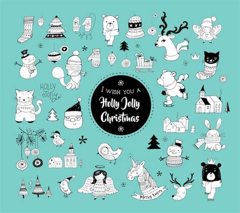 크리스마스 손으로 그린 귀여운 낙서 스티커 일러스트 및 요소 프리미엄 벡터