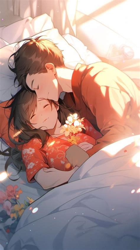 Cute Romantic Anime Couple Sleeping Together On Bed Room Aesthetic 142