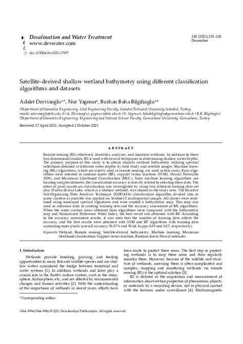 Pdf Satellite Derived Shallow Wetland Bathymetry Using Different Classification Algorithms And