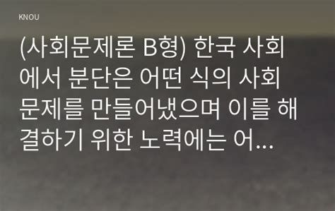 사회문제론 B형 한국 사회에서 분단은 어떤 식의 사회문제를 만들어냈으며 이를 해결하기 위한 노력에는 어떤 것들이 있었는지를 사례 방송통신대