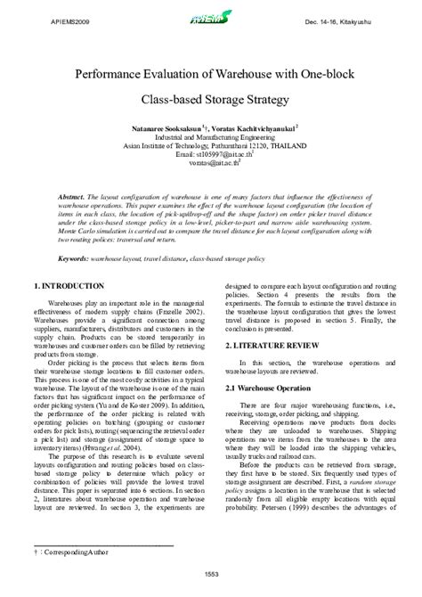 Pdf Performance Evaluation Of Warehouse With One Block Class Based Storage Strategy