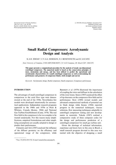 Pdf Small Radial Compressors Aerodynamic Design And Analysis
