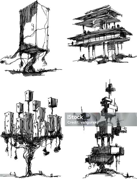 Empat Sketsa Arsitektur Arsitektur Ilustrasi Stok Unduh Gambar Sekarang Rumah Pohon Sketsa