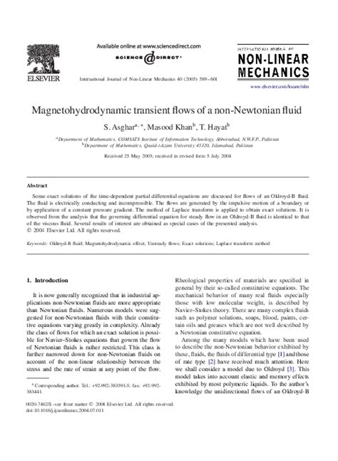Pdf Magnetohydrodynamic Transient Flows Of A Non Newtonian Fluid