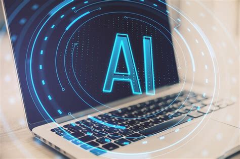 Premium Photo Close Up Of Laptop Computer On Desk With Glowing Round Ai Hologram On Blurry