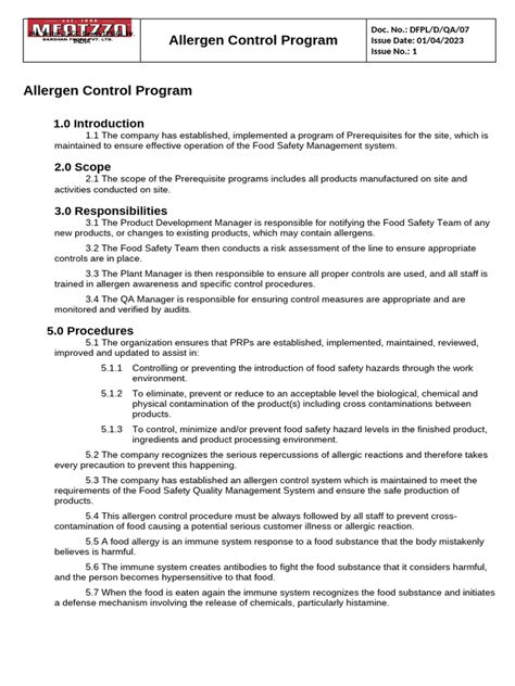 Allergen Control Program Pdf Allergy Food Allergy