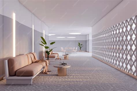 편안한 환경 소파와 저널 테이블 콘크리트 바닥 회색 벽 흰색 천장과 파티션이 있는 사무실 공동 작업 라운지 인테리어의 측면 보기