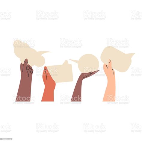 사람들의 손은 아이디어를 교환하고 투표와 의견으로 연설 거품을 들고 팀 협력은 협력을 전달합니다 토크 메시지 만화 벡터 일러스트와 다양성 다문화 그룹 Referendum에