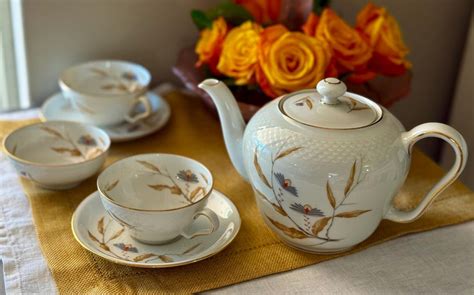 Vintage Thomas Germany Tea Set Mid Century Floral Gold Leaf Porcelain