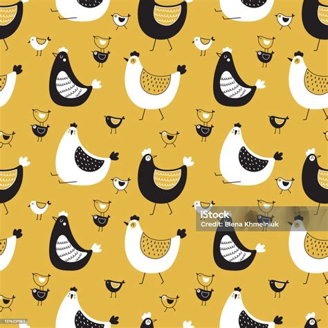 암탉과 닭 원활한 벡터 패턴 노란색 배경에 창의적인 유치한 텍스처 미국에 대한 스톡 벡터 아트 및 기타 이미지 미국 배경 주제 벡터 Istock