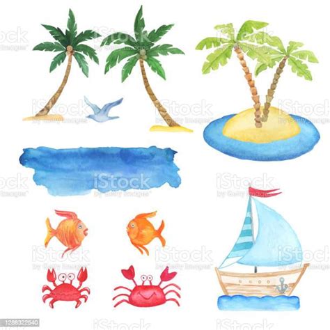 야자수 생선 게 푸른 질감의 줄무늬가 있는 여름 수채화 벡터 세트 수채화에 대한 스톡 벡터 아트 및 기타 이미지 수채화 야자 나무 Arecales 벡터 Istock