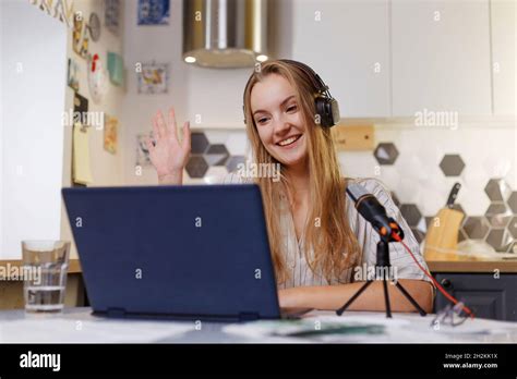 Happy Girl Interpreter In Headset Translate Write Notes Listen Audio