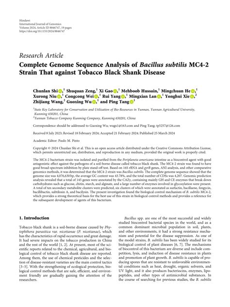 Pdf Complete Genome Sequence Analysis Of Bacillus Subtilis Mc4 2 Strain That Against Tobacco