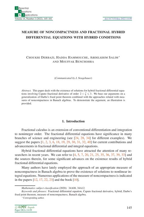 Pdf Measure Of Noncompactness And Fractional Hybrid Differential Equations With Hybrid Conditions