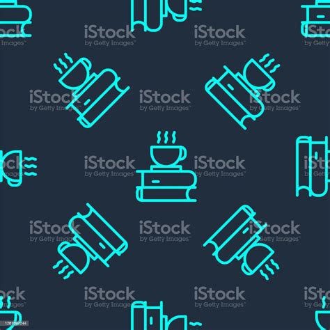 녹색 라인 커피 컵과 책 아이콘 은 파란색 배경에 원활한 패턴을 고립 차 컵 뜨거운 음료 커피 벡터 일러스트레이션 경영자에 대한 스톡 벡터 아트 및 기타 이미지 Istock