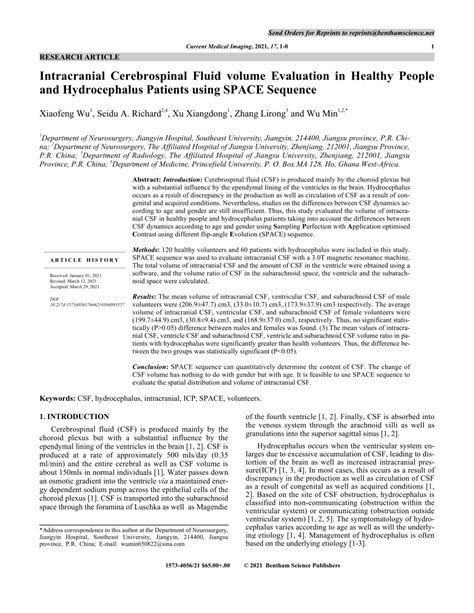 Pdf Intracranial Cerebrospinal Fluid Volume Evaluation In Healthy