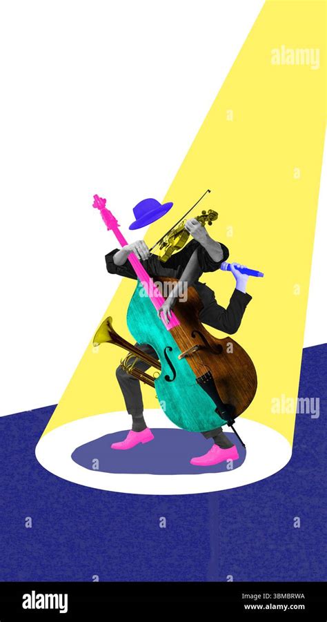 Artistic Collage Eclectic Bass Player Juggling Brass Strings And
