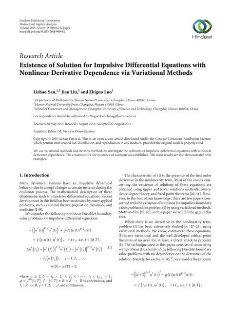 Pdf Existence Of Solution For Impulsive Differential Equations With Nonlinear Derivative