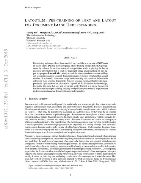 Layoutlm Pre Training Of Text And Layout For Document Image