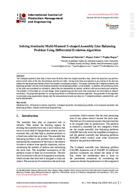 Pdf Solving Stochastic Multi Manned U Shaped Assembly Line Balancing Problem Using