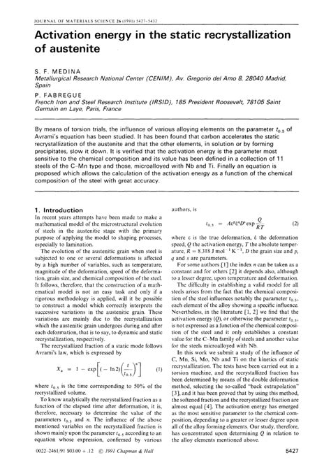 Pdf Activation Energy In The Static Recrystallization Of Austenite