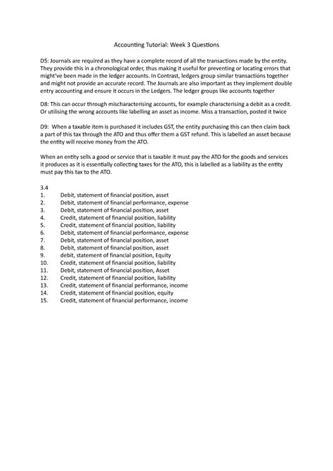 Accounting Wk 3 Tutorial Qs Accounting Tutorial Week 3 Questions D5