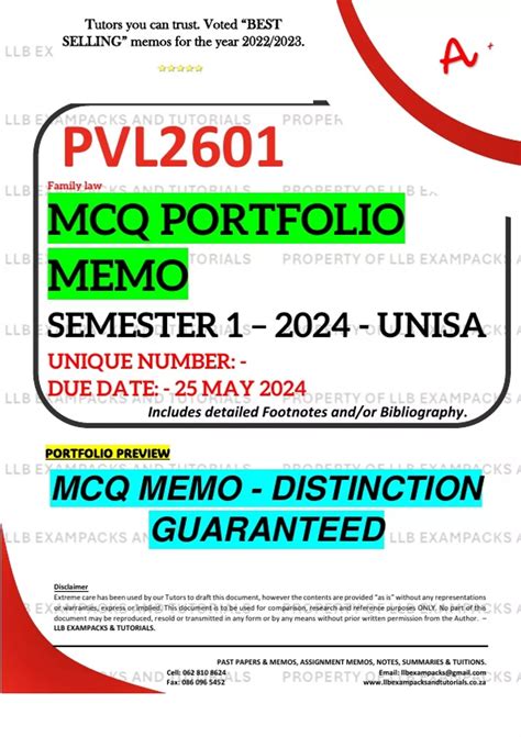 Pvl2601 Mcq Portfolio Memo Mayjune 2024 Semester 1 Unisa Due