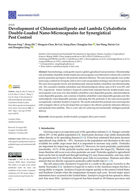 Pdf Development Of Chlorantraniliprole And Lambda Cyhalothrin Double Loaded Nano Microcapsules