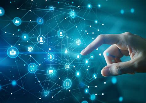 Hand Interfacing With Digital Network Icons Business Management Abstract Blue Background