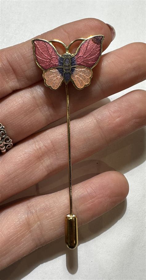 Vintage Pink Purple Butterfly Flying Stick Pin Gold T… Gem