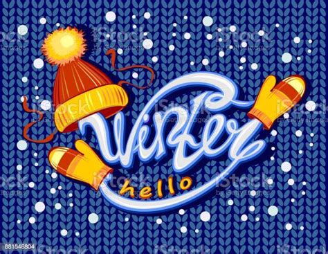 안녕하세요 겨울 텍스트와 니트 털 모자와 장갑입니다 배너 또는 라벨의 계절 컨셉 디자인입니다 눈 배경입니다 니트 배경입니다 벡터 일러스트입니다 0명에 대한 스톡 벡터 아트