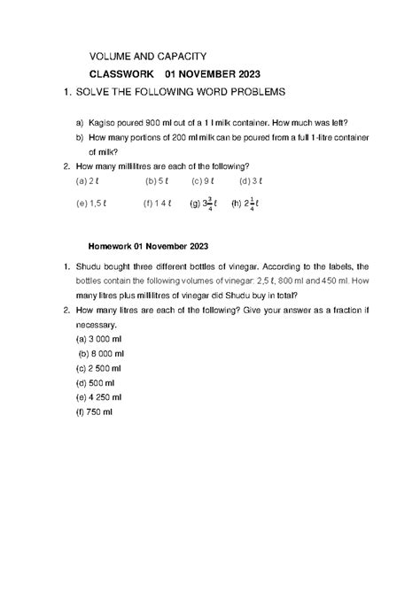 Grade Classworks Term VOLUME AND CAPACITY CLASSWORK NOVEMBER SOLVE THE