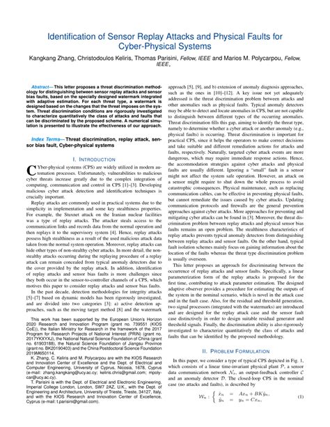 Pdf Identification Of Sensor Replay Attacks And Physical Faults For Cyber Physical Systems