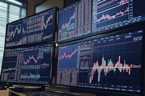 Multiple Computer Screens Display Stock Market Data Charts Financial