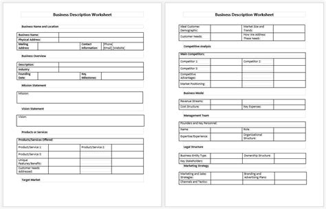 Business Description Worksheet Template Download File