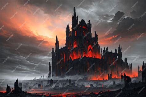 Medieval Dark Castle With Red Lights Premium Ai Generated Image