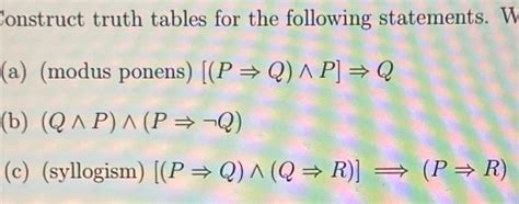 Solved Construct Truth Tables For The Following Chegg
