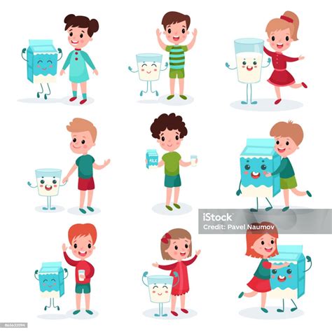 귀여운 아이 고 행복 한 인간 답게 박스와 함께 재미와 우유의 찻잔 세트 어린이 만화 벡터 일러스트 레이 션에 대 한 건강 식품 건강한 생활방식에 대한 스톡 벡터 아트 및
