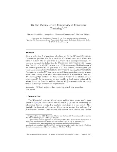Pdf On The Parameterized Complexity Of Consensus Clustering