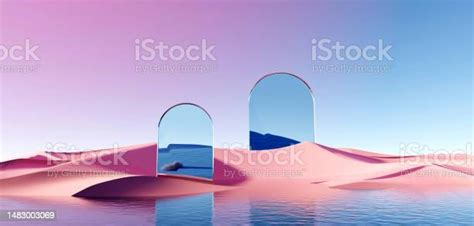 3d 렌더링 기하학적 모양이 있는 초현실적인 파스텔 풍경 배경 아치가 있는 조미료 풍경의 추상적인 환상적인 사막 모래 언덕 복사 공간이 있는 파노라마 미래 장면 푸른 하늘과