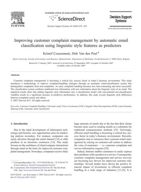 Pdf Improving Customer Complaint Management By Automatic Email