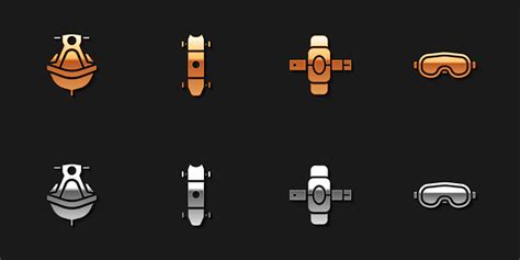 제트 스키 롱보드 또는 스케이트보드 무릎 패드 스키 고글 아이콘을 설정합니다 벡터 겨울에 대한 스톡 벡터 아트 및 기타 이미지 겨울 금 금속 금색 Istock