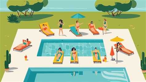 Premium Vector Women Sunbathing By The Pool Vector Illustration